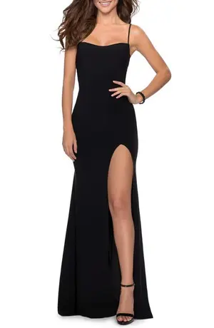 La Femme Jersey Dress With Lace-up Back - Black