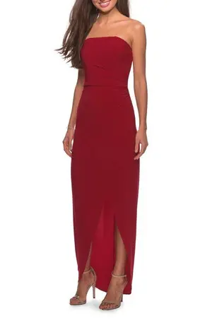 La Femme Long Strapless Jersey Dress With Ruching - Red