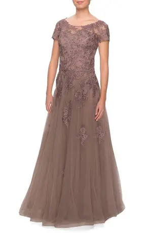 La Femme A-line Gown With Floral Lace Appliques - Cocoa