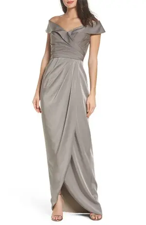 La Femme Long Jersey Dress With Ruching And Cap Sleeves - Pewter