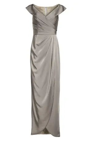 La Femme Long Jersey Dress With Ruching And Cap Sleeves - Pewter