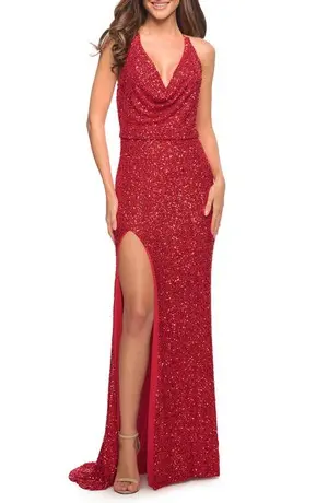 La Femme Sequin Gown With Draped Neckline And Slit - Red