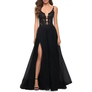 La Femme Tulle A-line Gown With Lace Bodice - Black