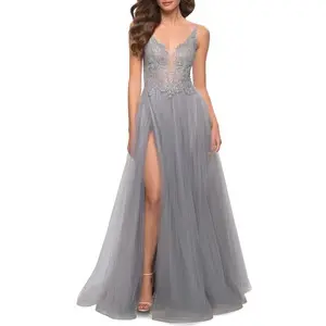 La Femme Tulle A-line Gown With Lace Bodice - Silver