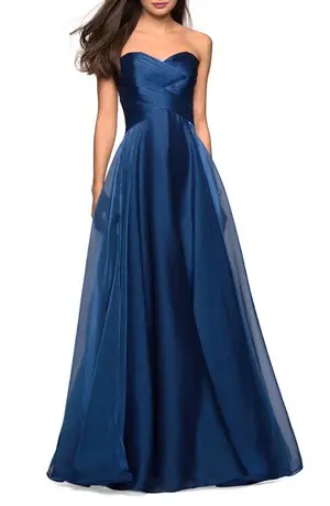 La Femme Strapless Chiffon Gown - Navy