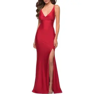 La Femme V-neck Jersey Prom Gown - Red