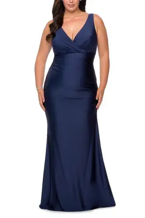 La Femme La Femme Jersey Gown With Faux Wrap Bodice Navy