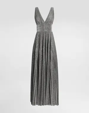 Dolce & Gabbana Long Pleated Dress With Micro-sequin Embellishment - Silver