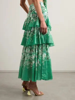 Zimmermann Everley Tiered Floral-Print Maxi Skirt In Green - 40