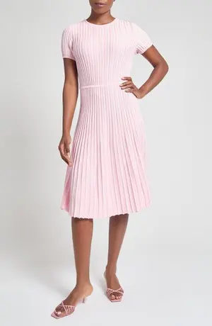 Ming Wang Modern Fit Stripe A-line Knit Dress - Rose/ White