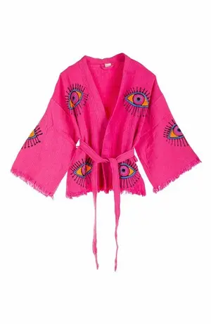FOREVER & ALWAYS SHOES Sereia Evil Eye Handmade Cotton Short Robe Cover-up - Fuchsia