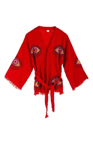 FOREVER & ALWAYS SHOES Sereia Evil Eye Handmade Cotton Short Robe Cover-up - Red