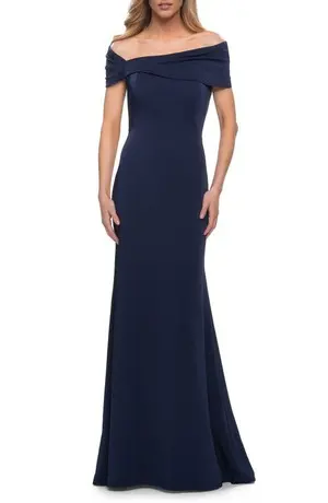 La Femme Off-the-shoulder Jersey Gown - Navy