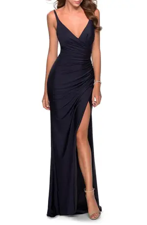 La Femme Ruched Jersey Prom Dress With Tie Up Back - Navy