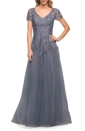 La Femme Lace And Tulle A-line Evening Gown - Slate