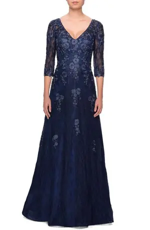 La Femme Embroidered Lace Gown - Navy