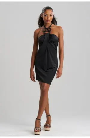 Natori Solid Jersey Halter Cover-up Dress W/ Hand Carved Wood Rings - Black