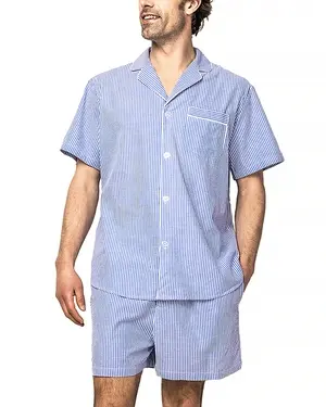 PETITE PLUME Brushed Cotton Twill Stripe Short Pajama Set - French Blue Stripe