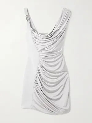 Versace Asymmetric Embellished Draped Jersey Mini Dress