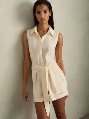 REISS Millie Belted Playsuit - Cream