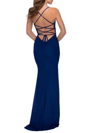 La Femme Fitted Jersey Long Dress With Lace Up Back - Navy
