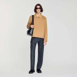 Sandro Sandro Double-Faced Wool Jacket With Zip Fastening And Wing Collar Camel