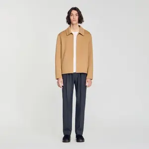 Sandro Double-faced Wool Jacket With Zip Fastening And Wing Collar - Camel