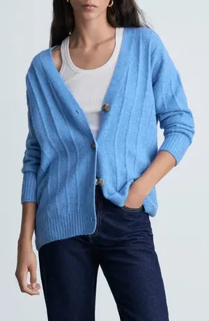 Mango Longline Ribbed Cardigan - Blue