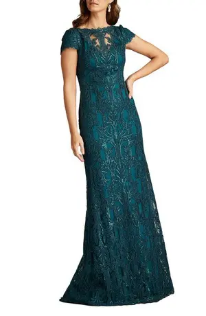Tadashi Shoji Sequin Leaf Print Sheath Gown - Tea Leaf
