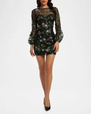 Dress The Population Sequin Floral-embroidered Mini Dress - Black Multi