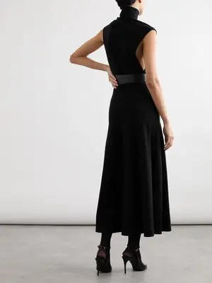 Alaïa Belted Leather-trimmed Wool-blend Midi Dress - Black