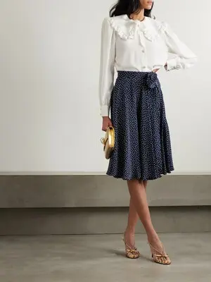 Alessandra Rich Pleated Polka-dot Silk Crepe De Chine Midi Wrap-effect Skirt