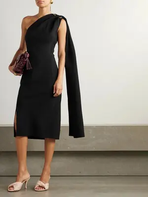Bottega Veneta Cape-effect Embellished One-shoulder Crepe Midi Dress - Black