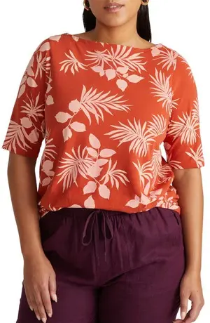 Universal Standard Bella Boatneck Stretch Pima Cotton Top - Rooibos Tea Palm Print