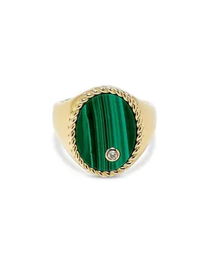 Yvonne Léon 9k Yellow Gold Diamond And Malachite Signet Ring - Green/gold