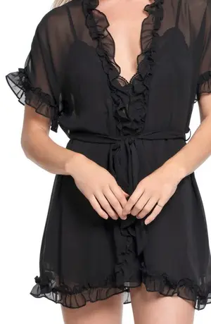 IN BLOOM BY JONQUIL Alice Ruffle Wrap Robe - Black