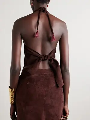 Johanna Ortiz Kell Cropped Suede Halterneck Top With Tassels