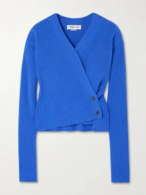 Victoria Beckham Wrap-effect Ribbed Cardigan - Blue
