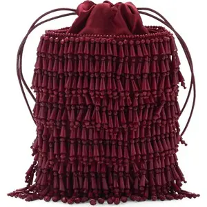 Mango Beaded Drawstring Bucket Bag - Burgundy