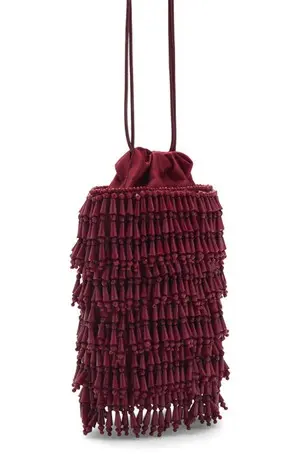 Mango Beaded Drawstring Bucket Bag - Burgundy