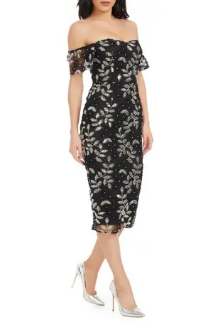 Dress The Population Tara Sequin & Beaded Off The Shoulder Cocktail Dress - Black-silver