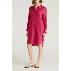 Universal Standard Seaside Long Sleeve Linen Blend Shirt Dress - Cerise