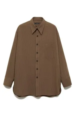 Mango Pinstripe Oversize Button-up Shirt - Olive Green