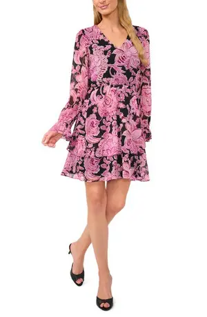 CECE DUPRAZ Floral Long Sleeve Tiered Dress - Rich Black