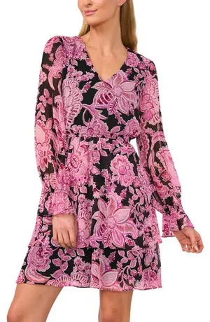 CECE DUPRAZ Floral Long Sleeve Tiered Dress