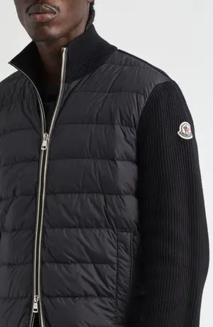Moncler Quilted Down And Cotton Knit Cardigan - Black