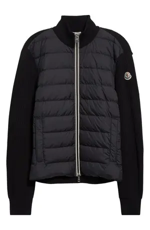 Moncler Quilted Down And Cotton Knit Cardigan - Black