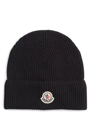 Moncler Logo Patch Ribbed Beanie - Black