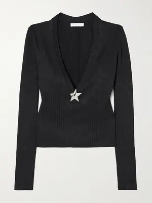 AREA Embellished Ribbed-jersey Top