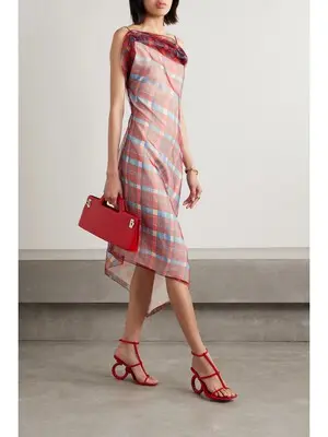 FERRAGAMO Gathered Checked Organza Midi Dress